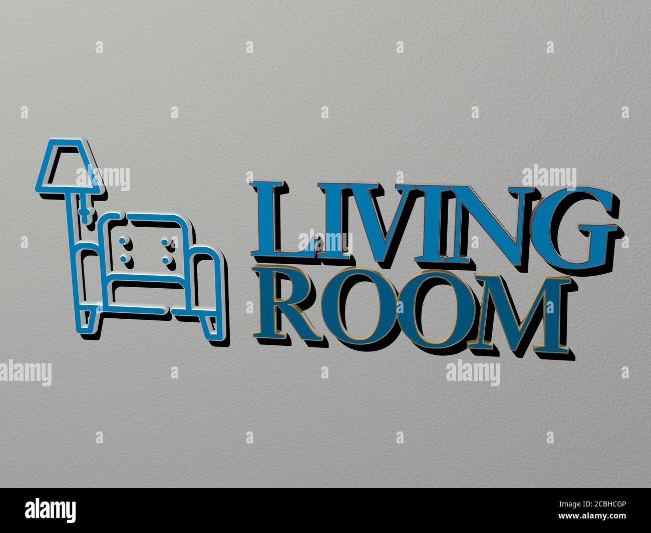 living room icon and text on the wall - 3D illustration for interior ...