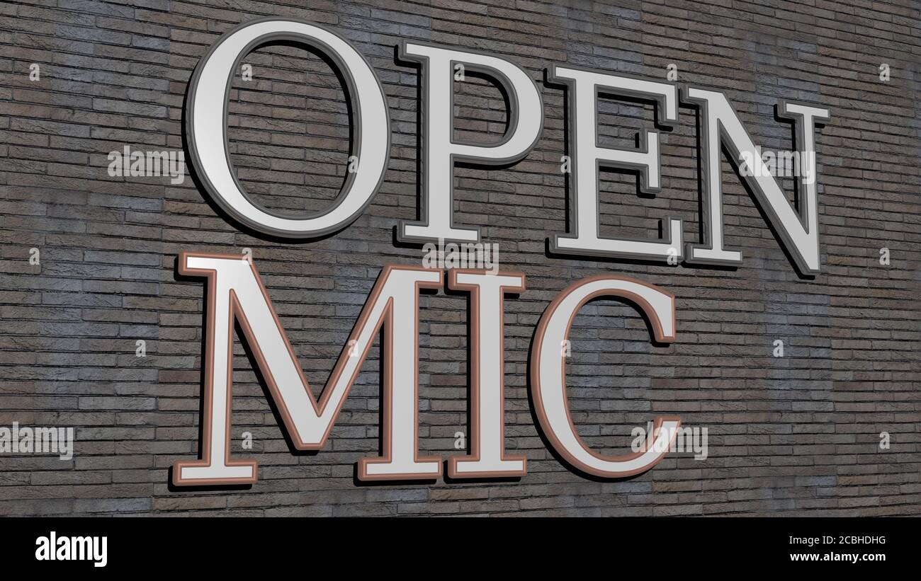open mic text on textured wall - 3D illustration for background and ...