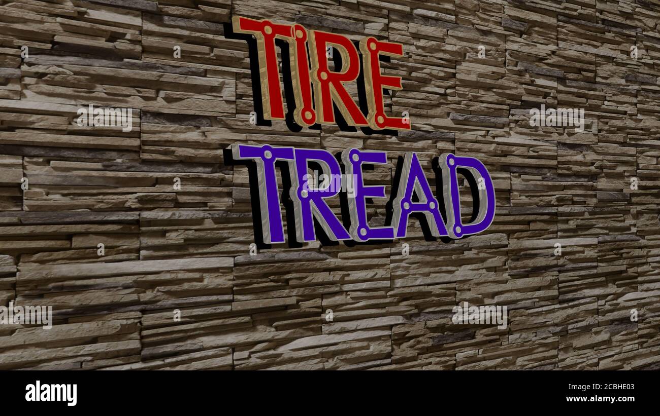 tire tread text on textured wall - 3D illustration for car and ...
