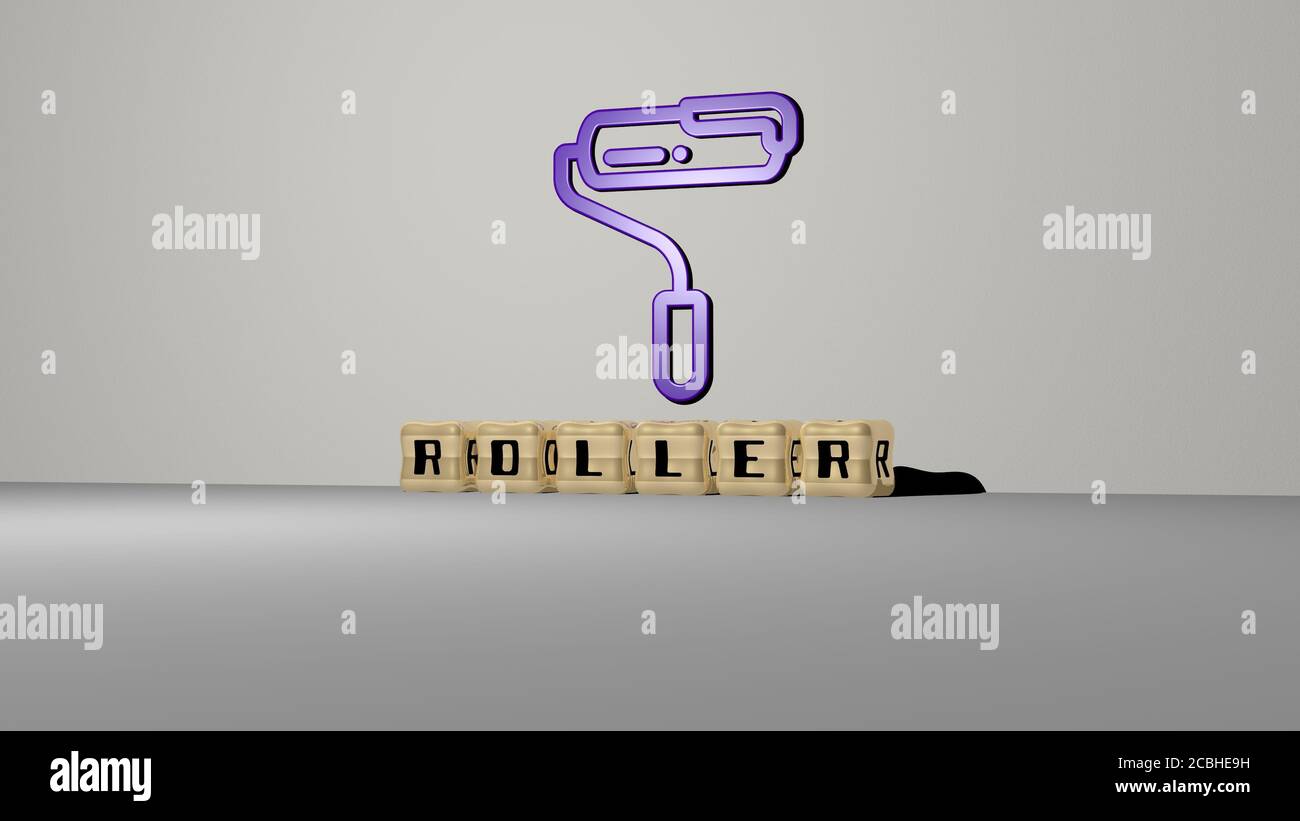 roller 3D icon on the wall and cubic letters on the floor - 3D ...