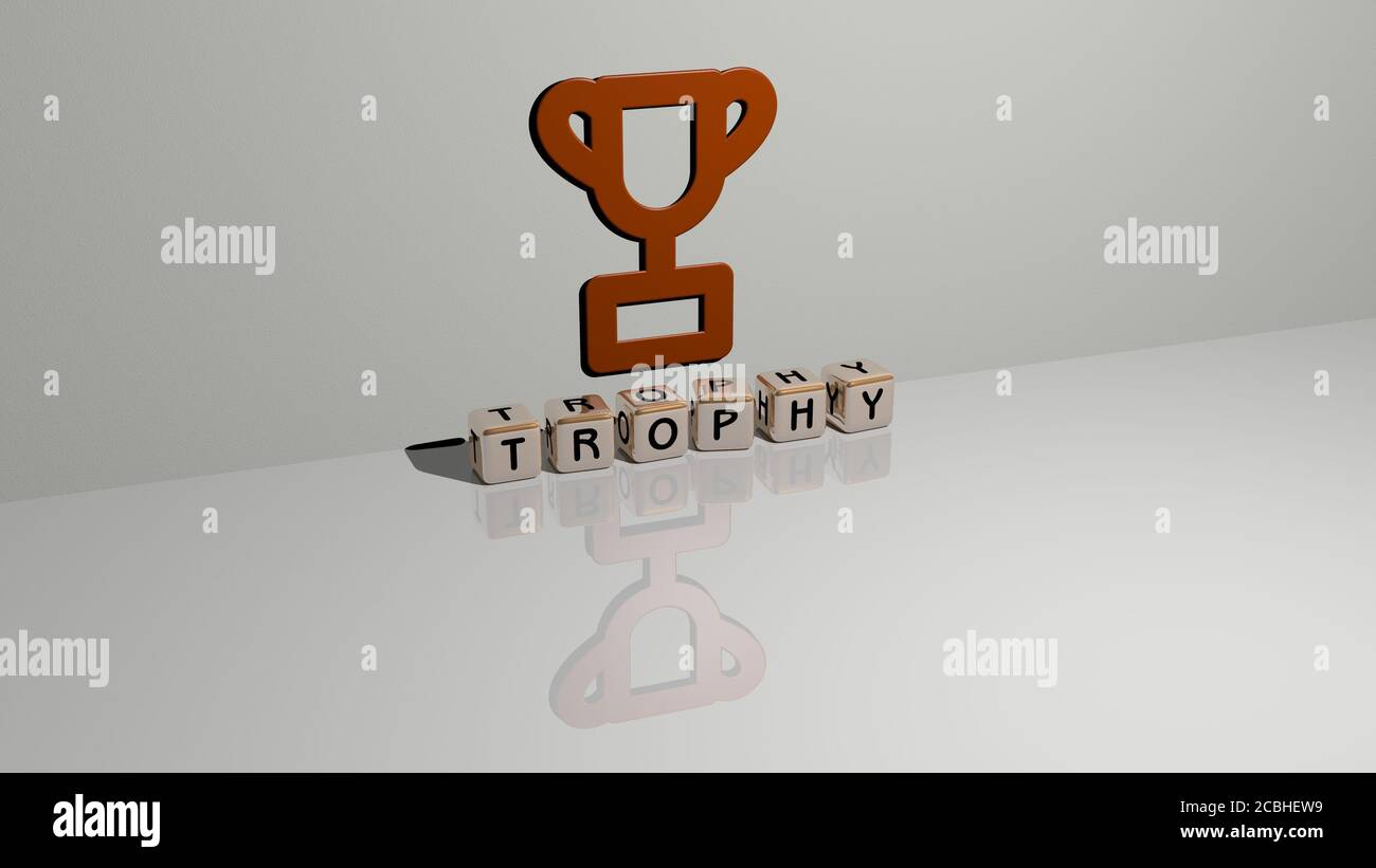 TROPHY text of cubic dice letters on the floor and 3D icon on the wall ...