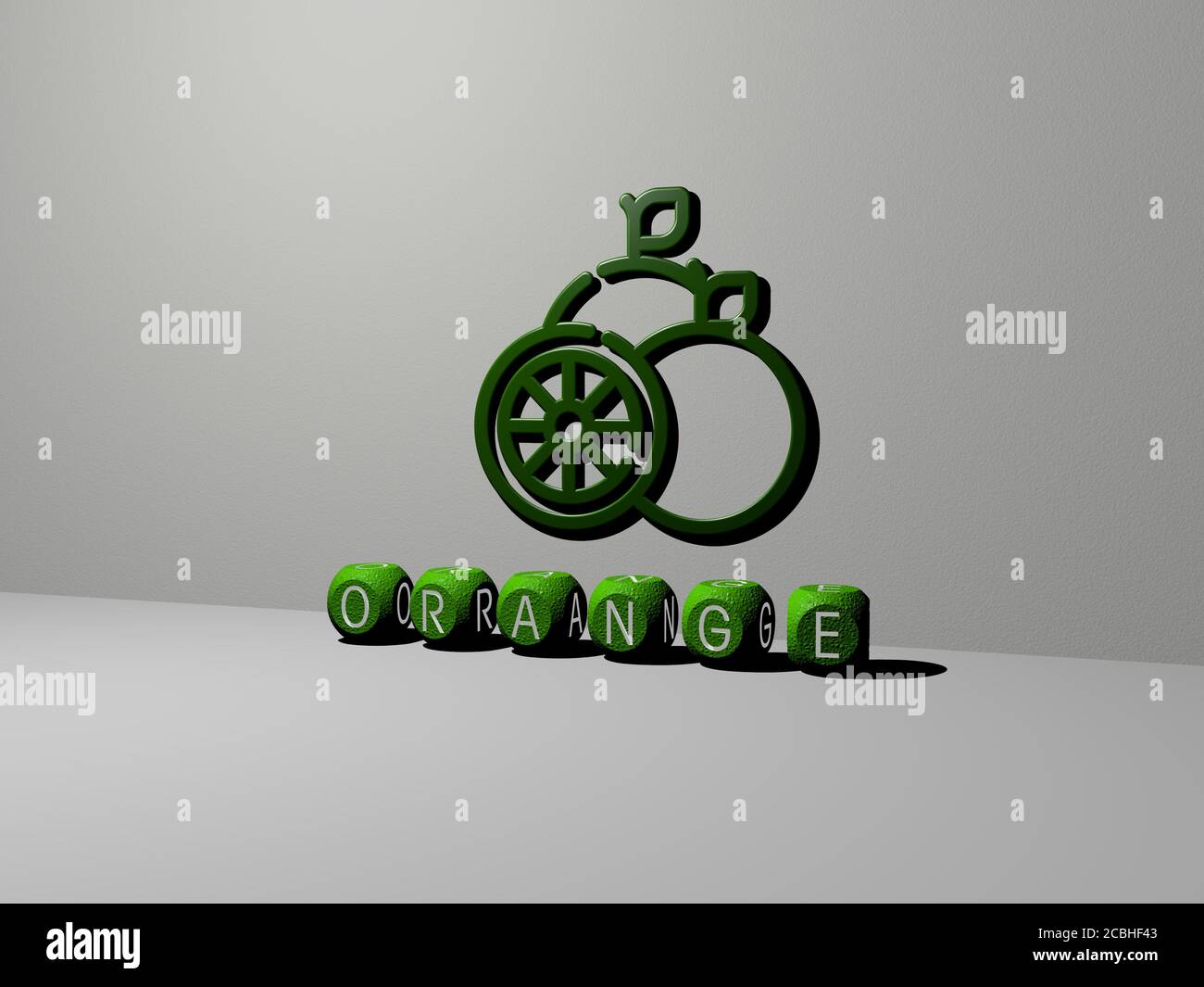 ORANGE 3D icon on the wall and text of cubic alphabets on the floor ...
