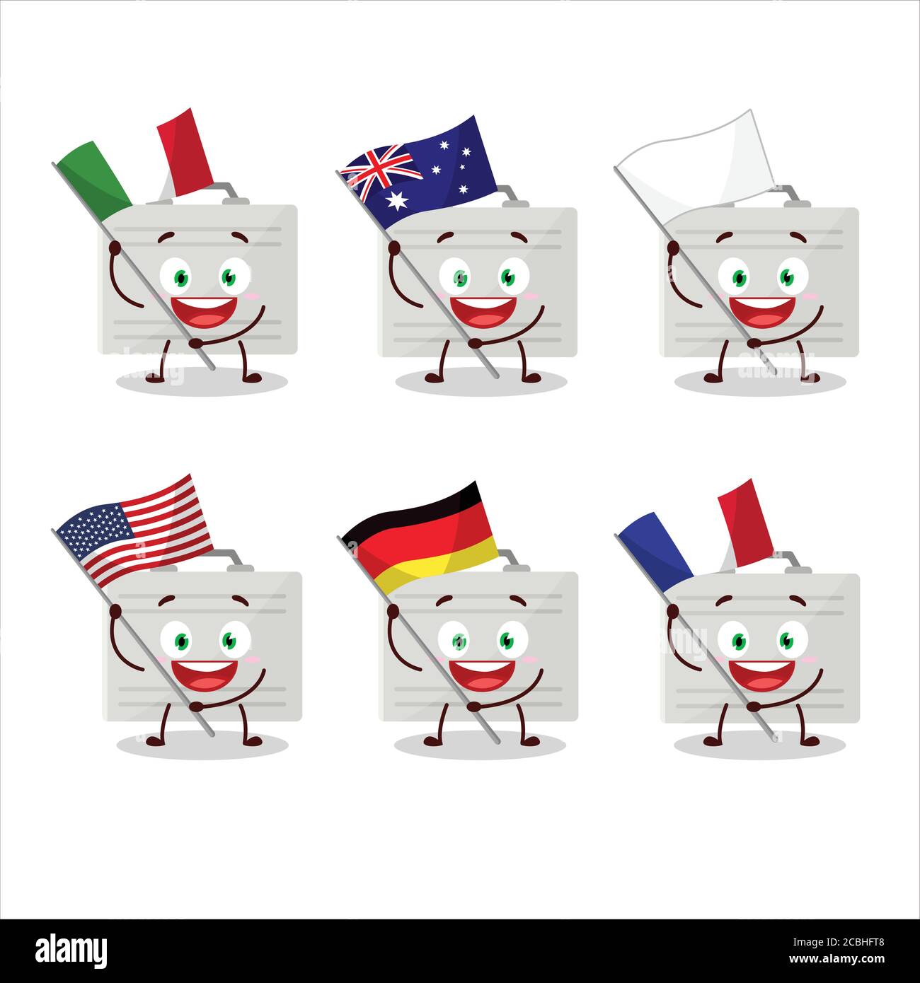 Silver Suitcase Cartoon Character Bring The Flags Of Various Countries