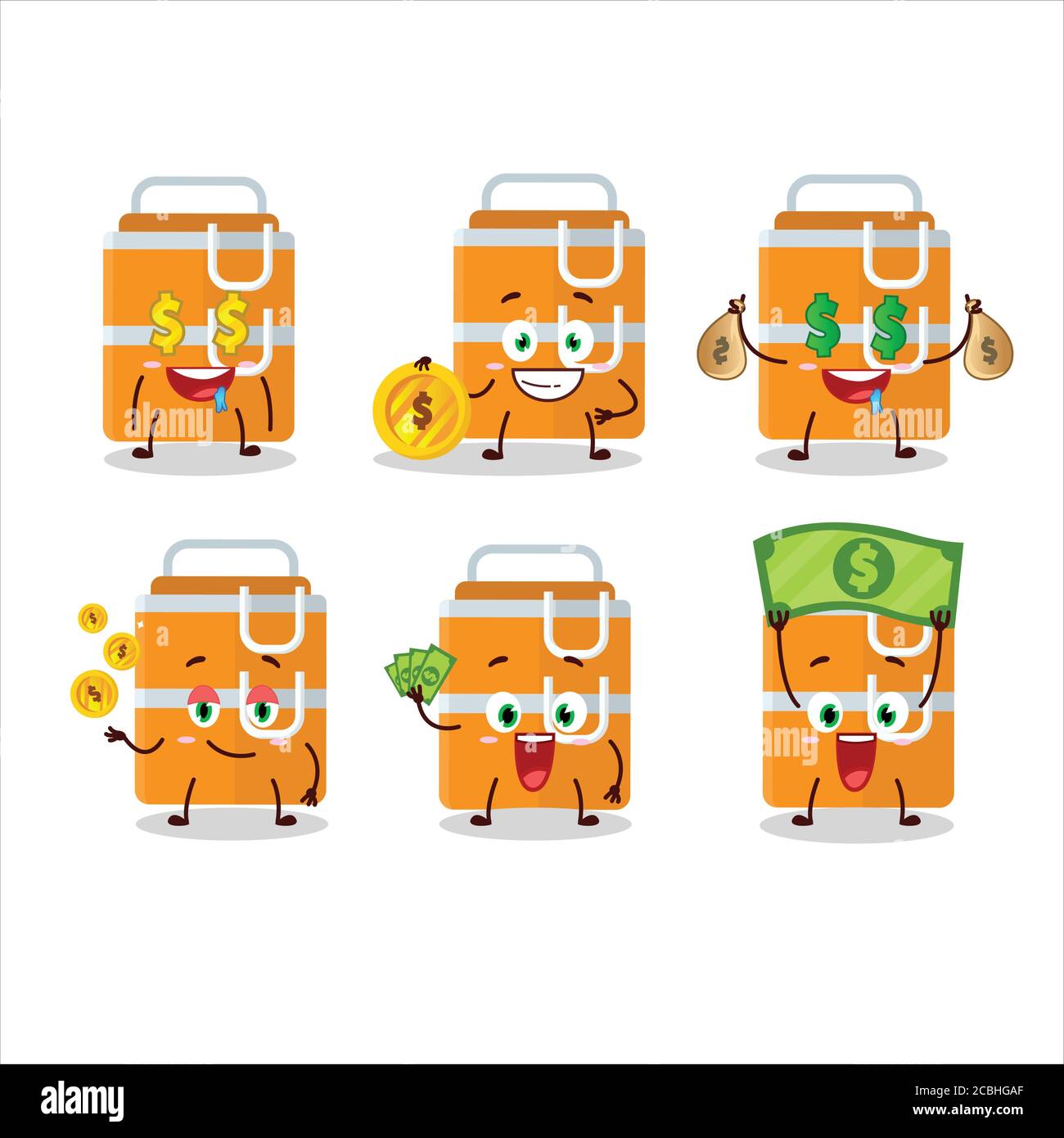 Orange lunch box cartoon character with cute emoticon bring money Stock ...