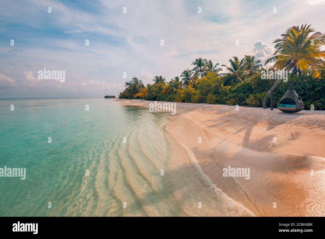 Tropical beach landscape. Tranquil nature scenery, palm trees sand calm ...