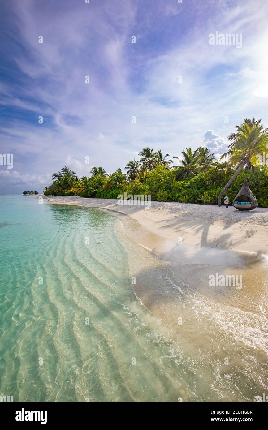 Tropical beach landscape. Tranquil nature scenery, palm trees sand calm ...