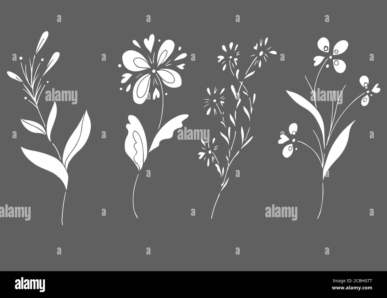 Big outline set of summer tropical flowers. Floral botanical flower set ...