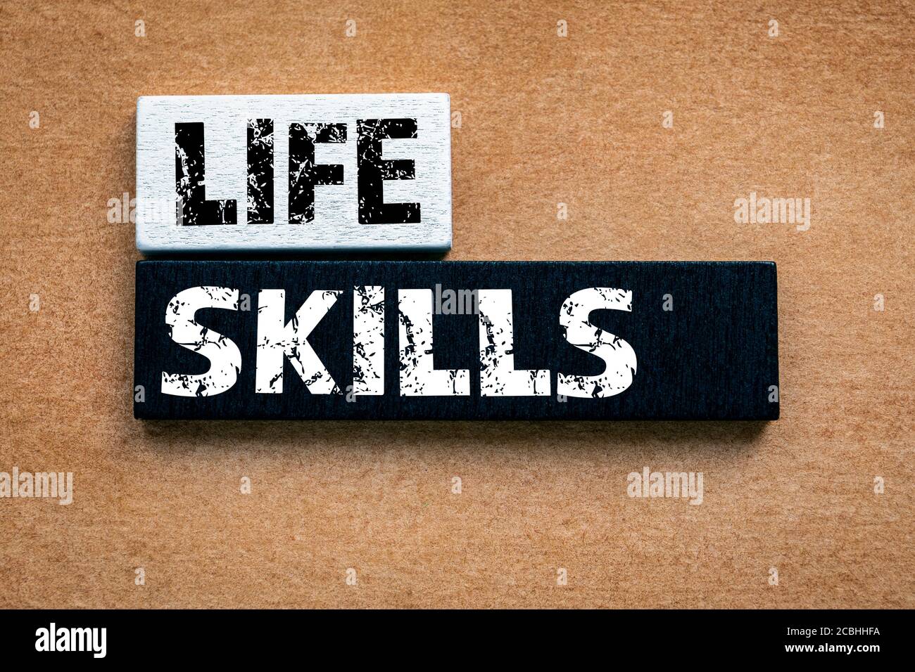 LIFE SKILLS concept. Colored wooden blocks, puzzle and mind game ...