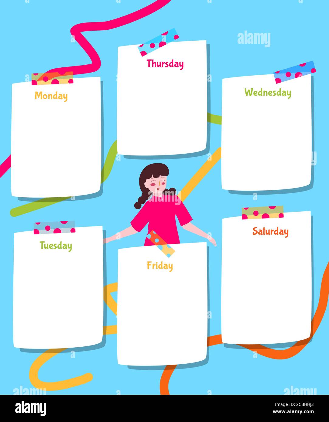 Notes schedule around girl for template background of ribbon with flat ...