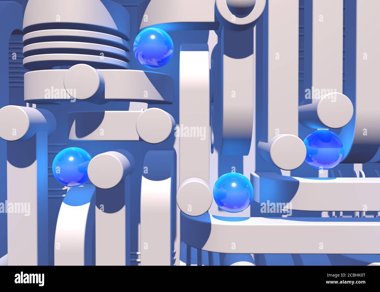 White industrial or technology abstraction with shiny blue balls and ...