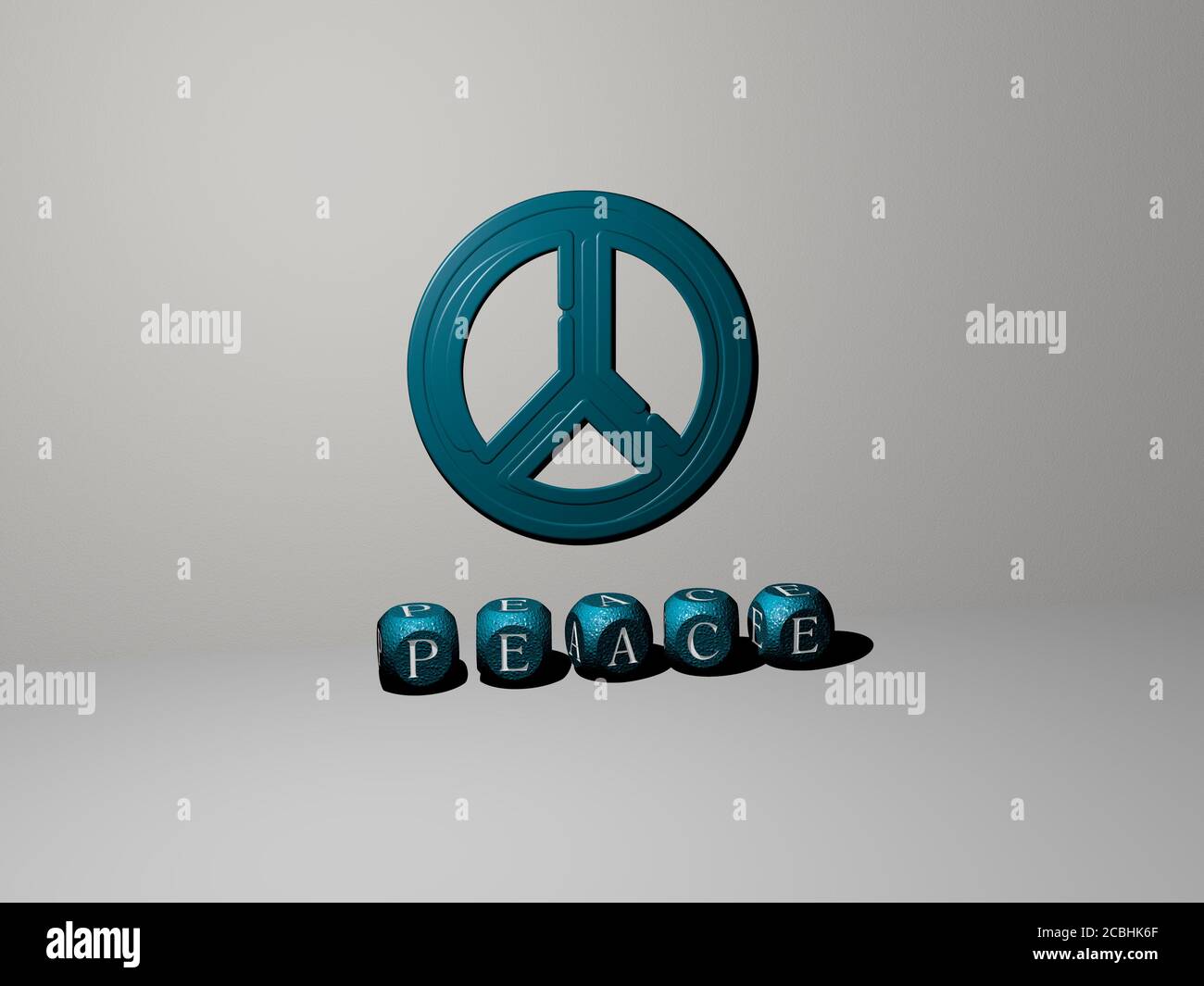 peace 3D icon on the wall and text of cubic alphabets on the floor - 3D ...