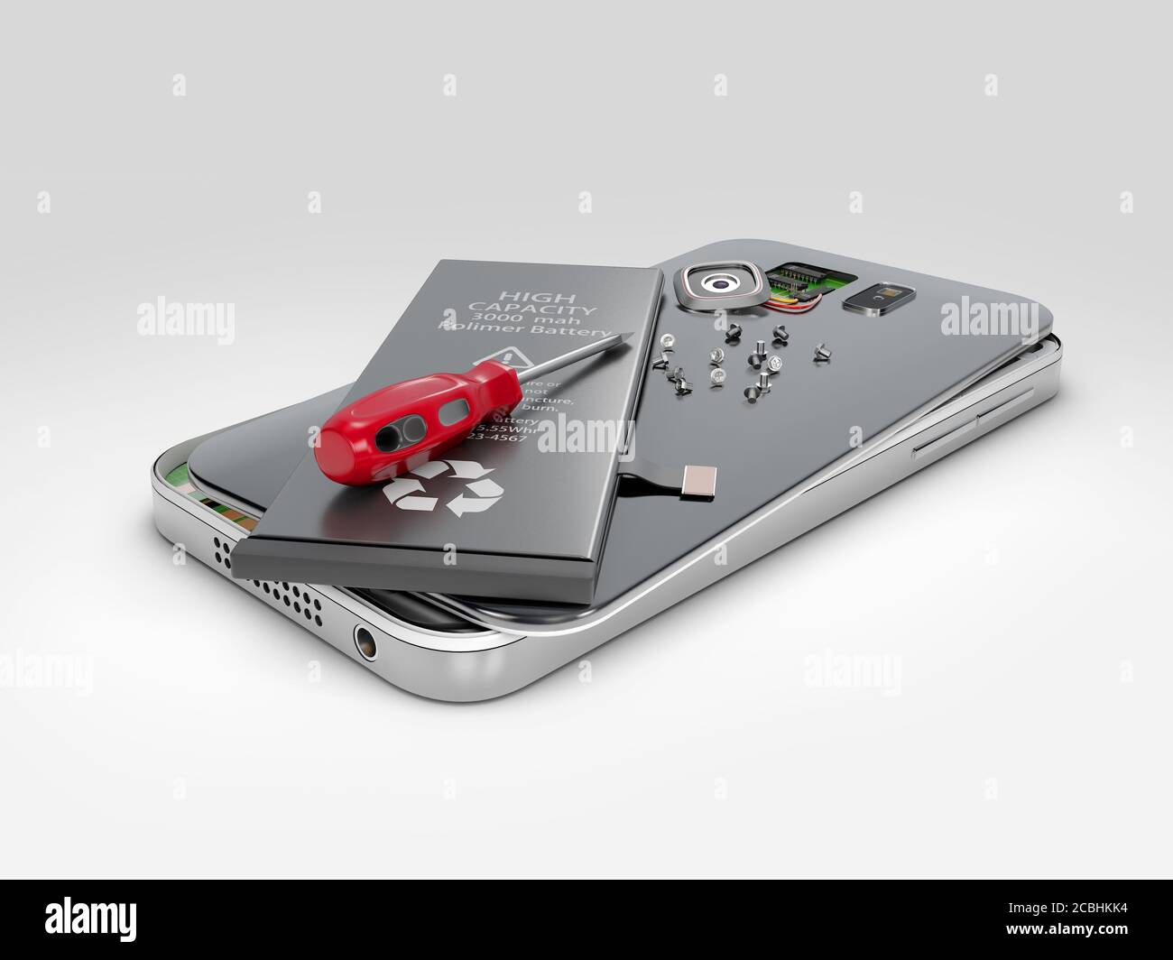Mobile phone repair, 3D illustration. Broken mobile phone with battery ...