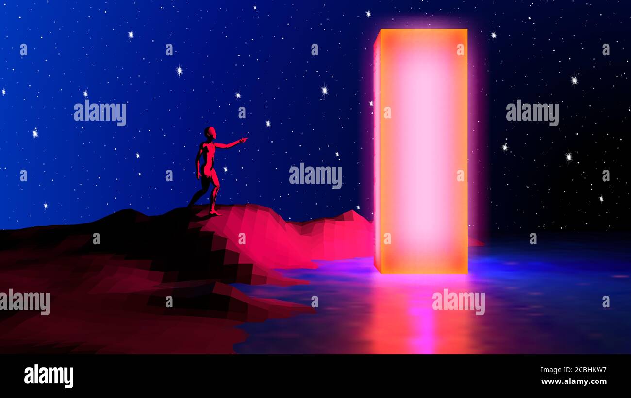 80s styled landscape with human reaching out to touch mysterious neon ...