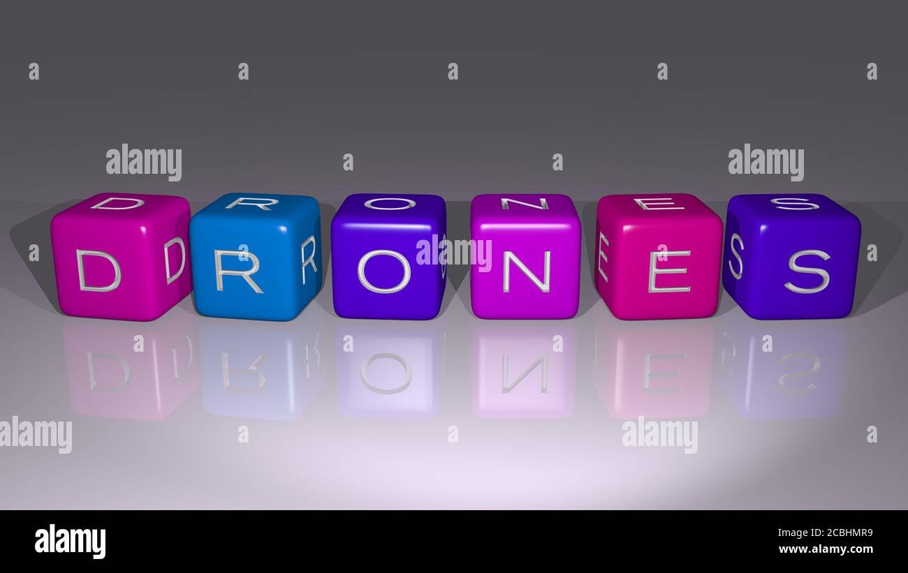 DRONES arranged by cubic letters on a mirror floor, ideal for concept ...