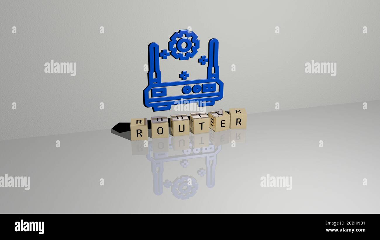 router text of cubic dice letters on the floor and 3D icon on the wall ...