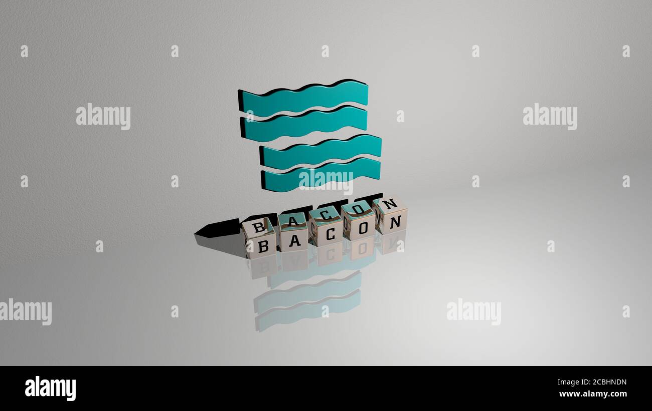 BACON text of cubic dice letters on the floor and 3D icon on the wall ...