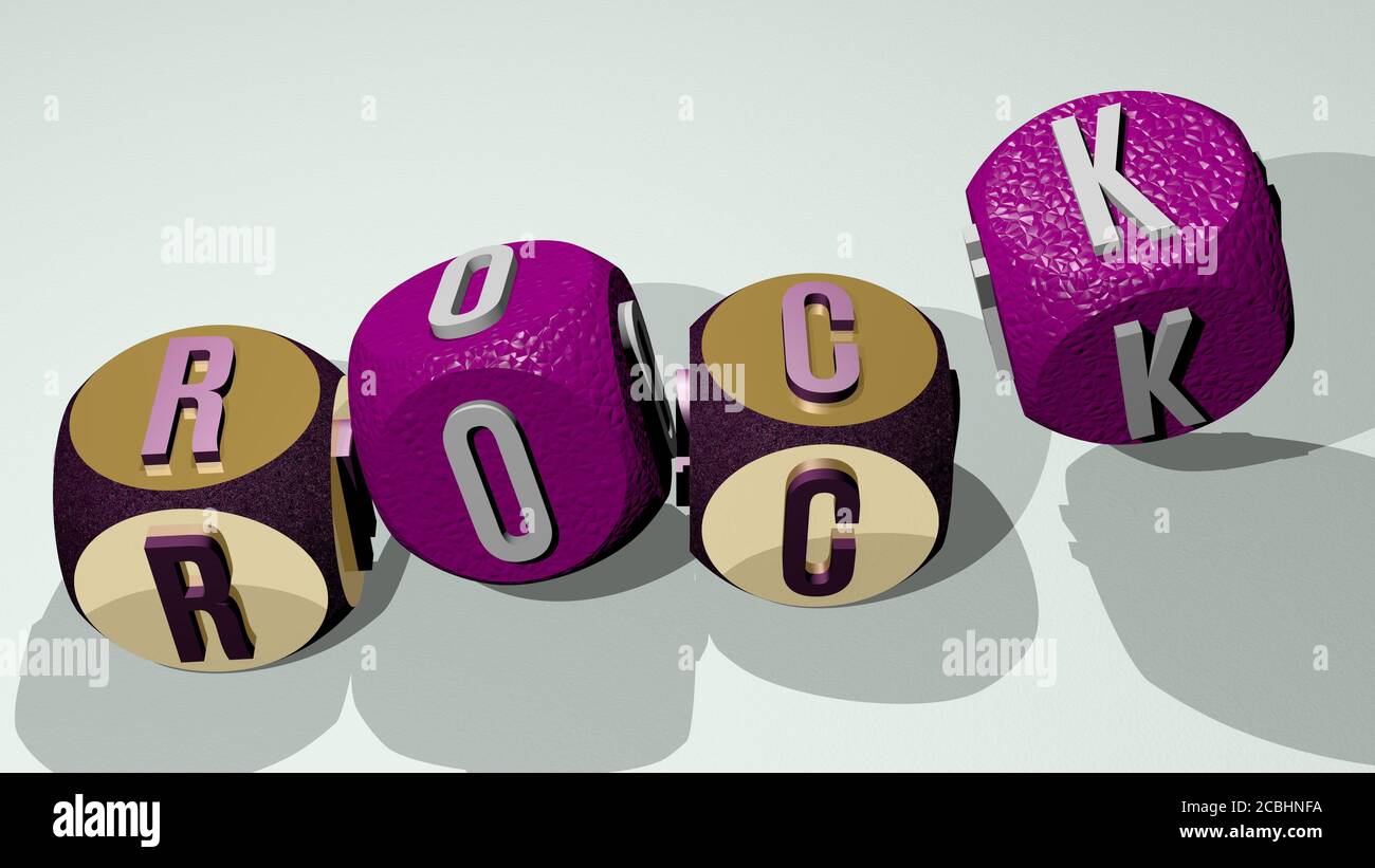 ROCK text by dancing dice letters - 3D illustration for background and ...