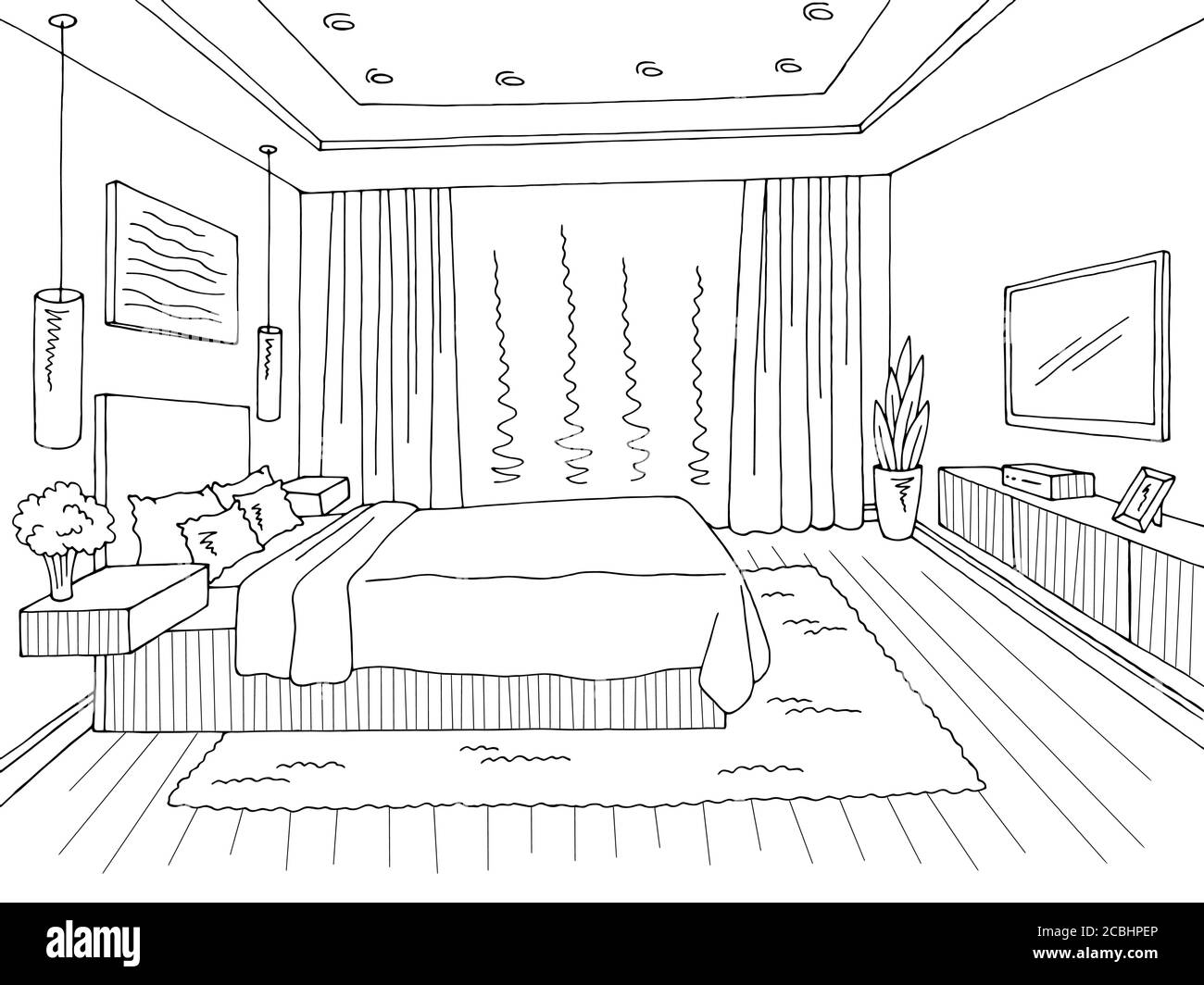 Bedroom graphic black white home interior sketch illustration vector ...