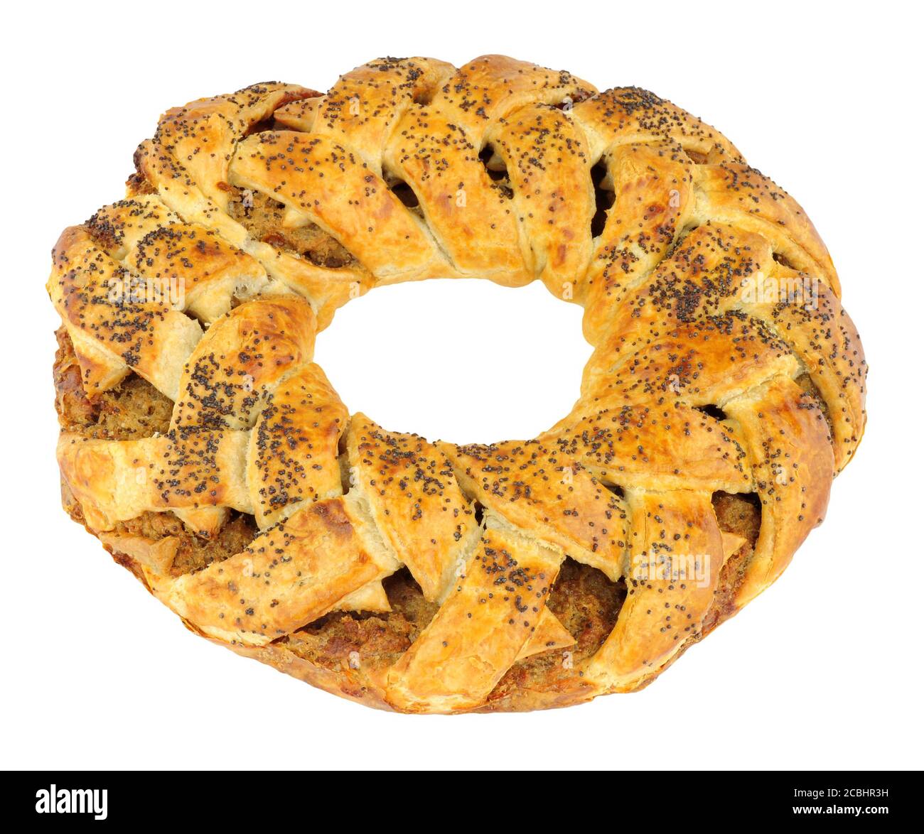 Baked puff pastry sausage meat garland isolated on a white background ...