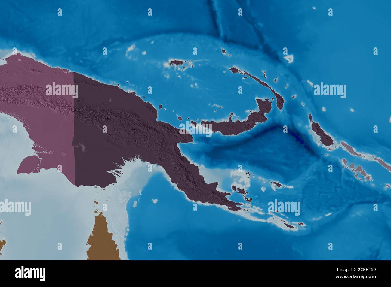 Extended area of Papua New Guinea. Colored elevation map. 3D rendering ...