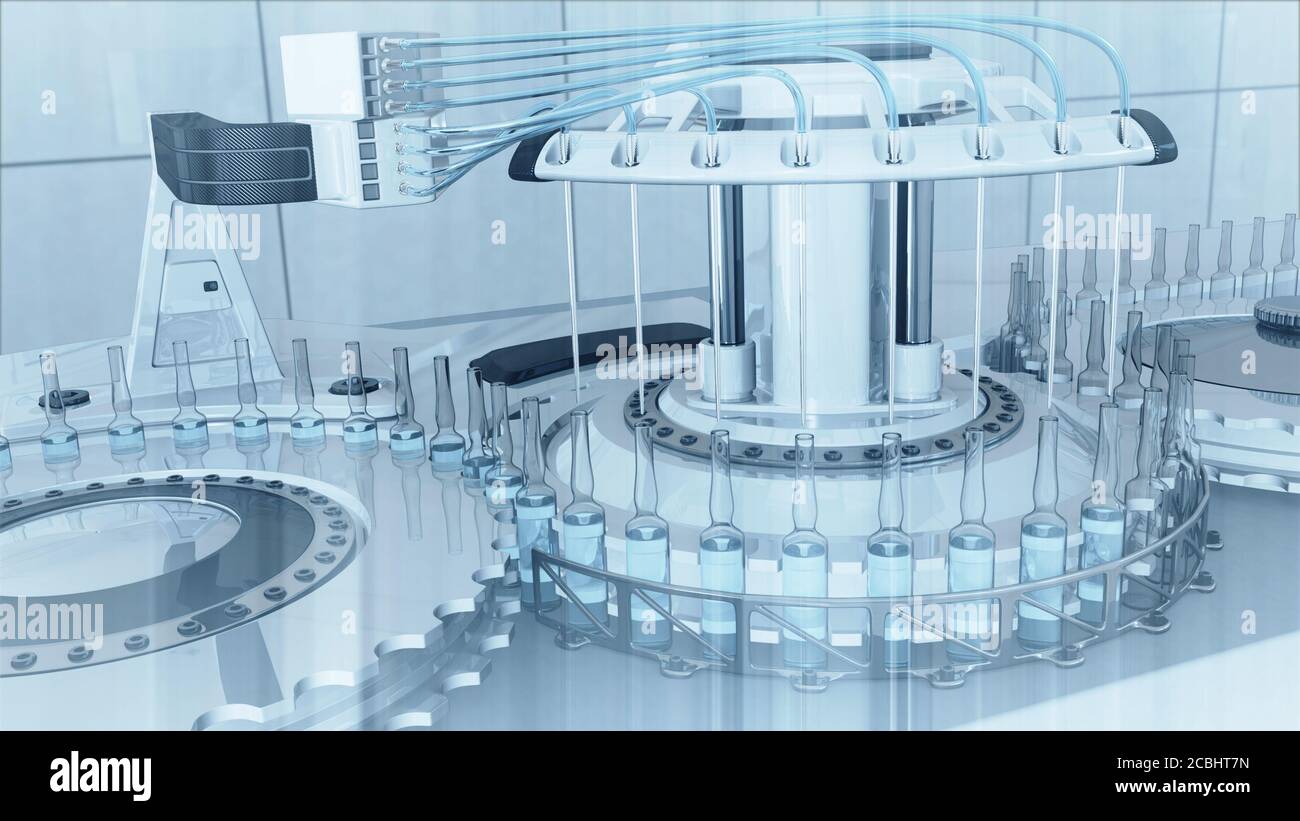 Pharmaceutical production line. Automatic factory machine for filling ...