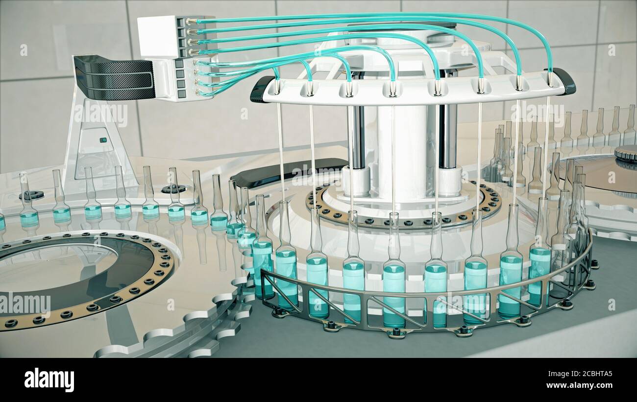 Pharmaceutical production line. Automatic factory machine for filling ...