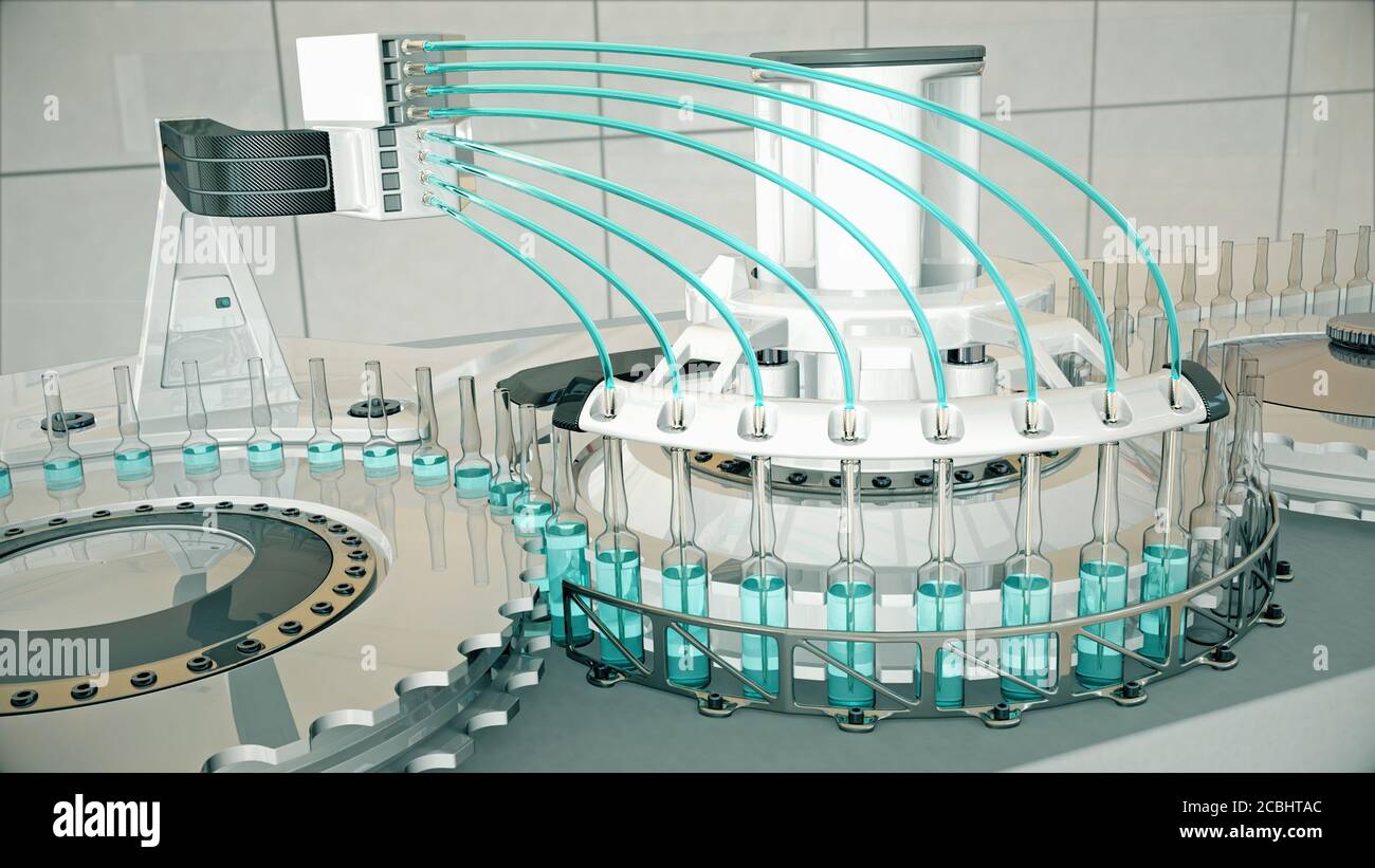 Pharmaceutical production line. Automatic factory machine for filling ...