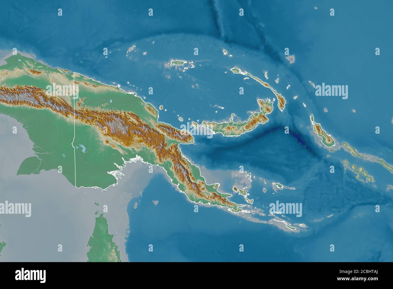 Extended area of outlined Papua New Guinea. Topographic relief map. 3D ...