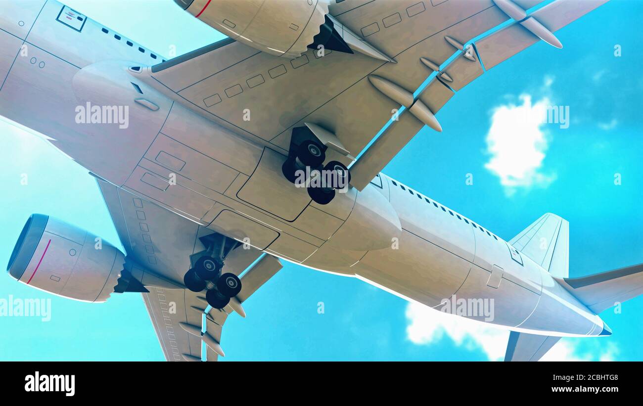 Commercial Jet Plane takes off. Landing gear down 3D render Stock Photo ...