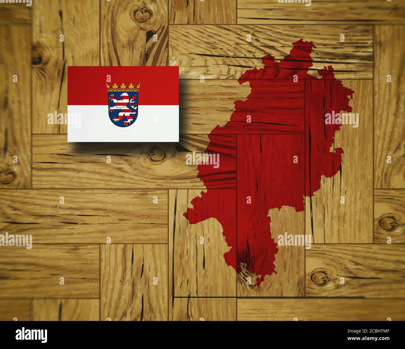 Map and flag of Hesse (Hessen), German federal state, on wooden ...