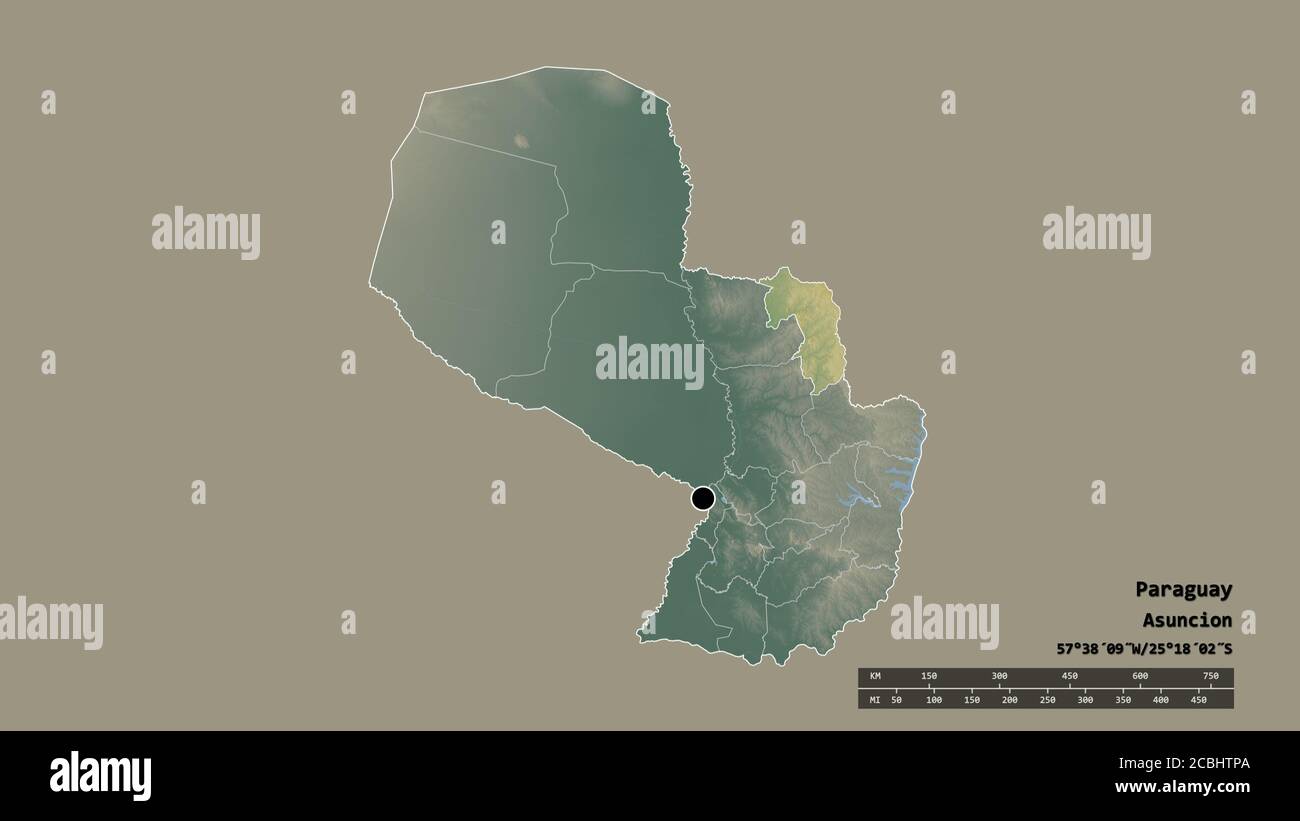 Desaturated shape of Paraguay with its capital, main regional division ...