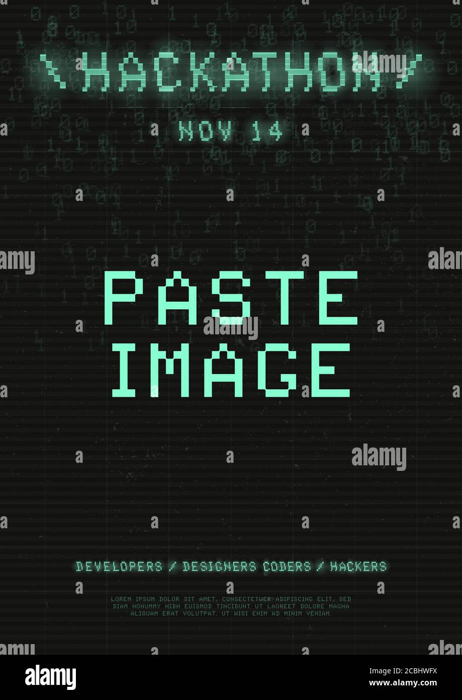 Hackathon flyer. Retrowave cyberpunk futuristic cover with 8-bit pixel ...