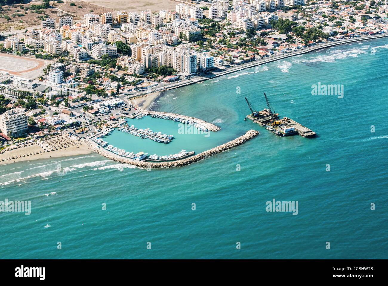 Sea port city of Larnaca, Cyprus. View from the aircraft to the ...