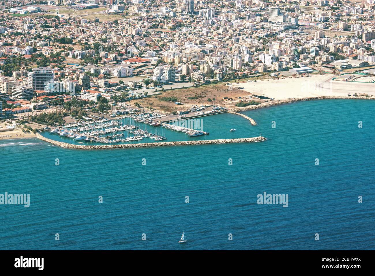 Sea port city of Larnaca, Cyprus. View from the aircraft to the ...