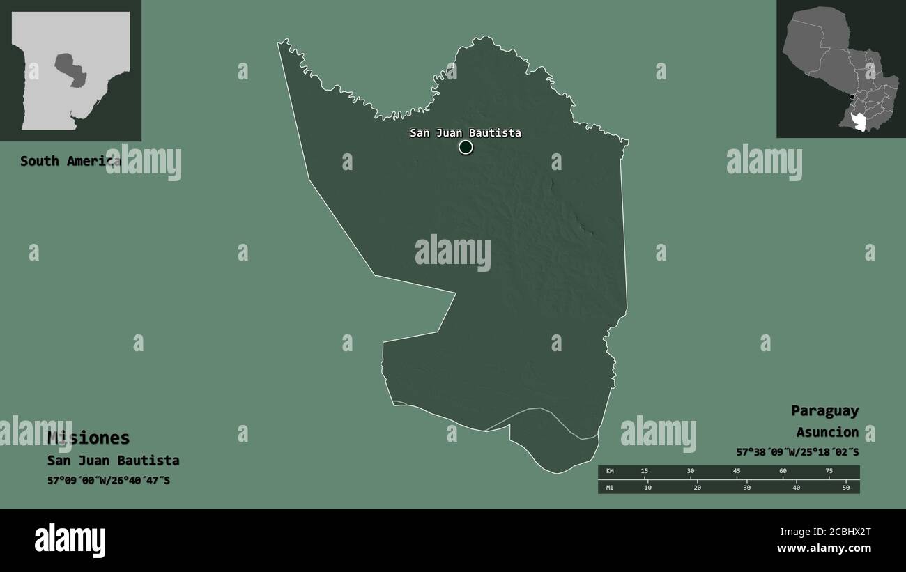 Shape of Misiones, department of Paraguay, and its capital. Distance ...