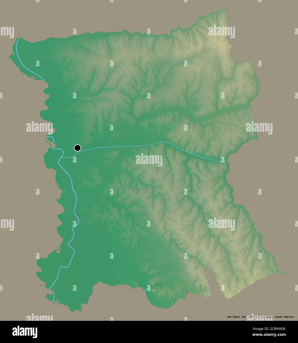 Shape of San Pedro, department of Paraguay, with its capital isolated ...