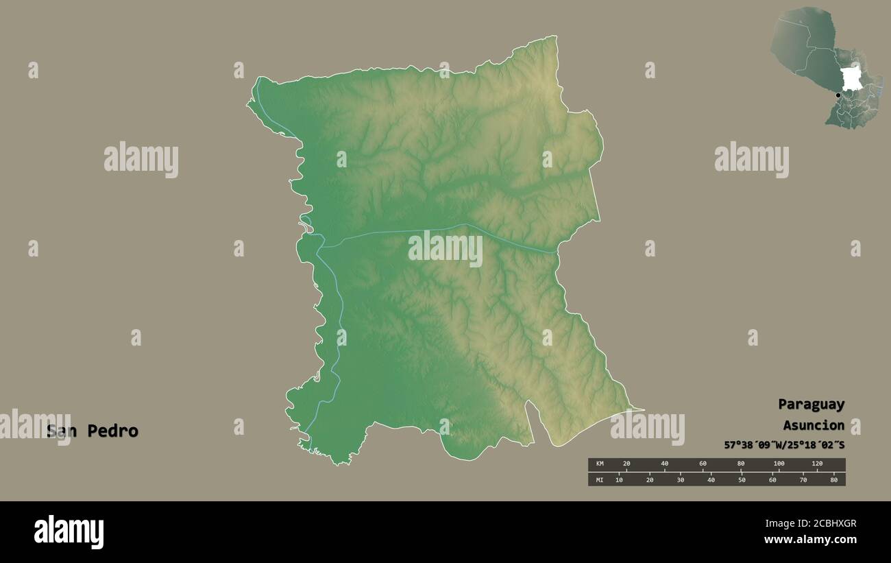 Shape of San Pedro, department of Paraguay, with its capital isolated ...