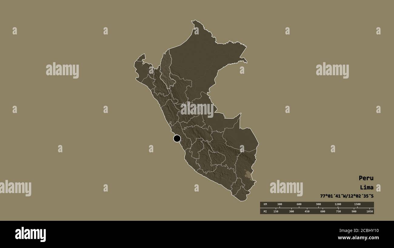 Desaturated shape of Peru with its capital, main regional division and ...