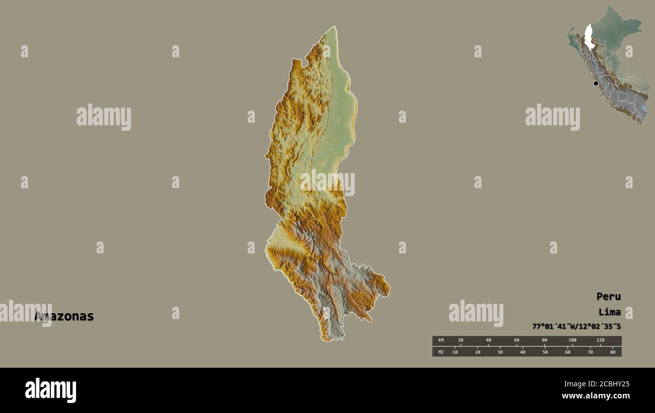 Shape of Amazonas, region of Peru, with its capital isolated on solid ...