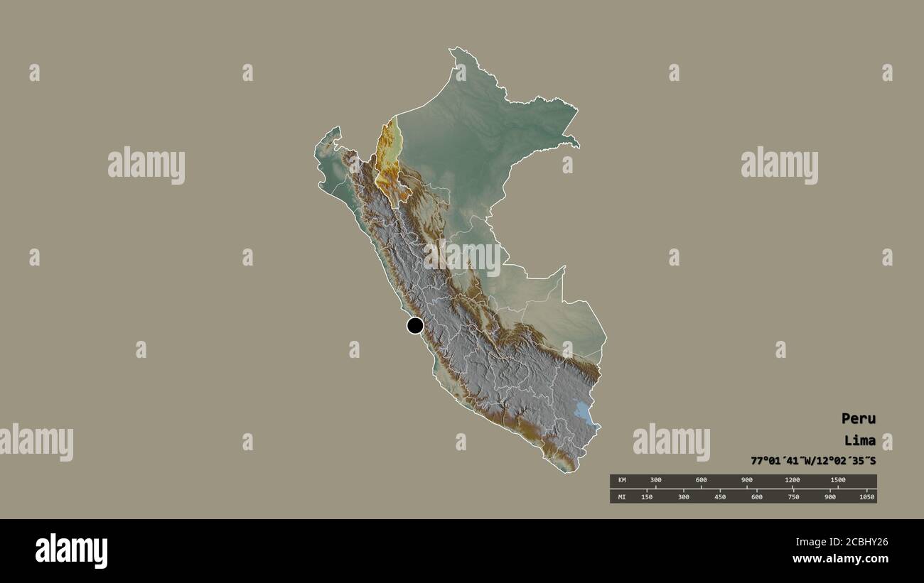Desaturated shape of Peru with its capital, main regional division and ...