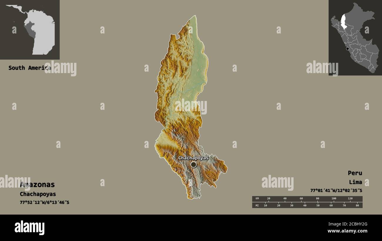 Shape of Amazonas, region of Peru, and its capital. Distance scale ...