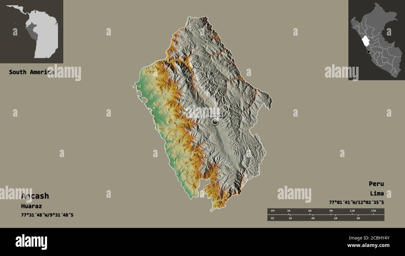 Shape of Ancash, region of Peru, and its capital. Distance scale ...