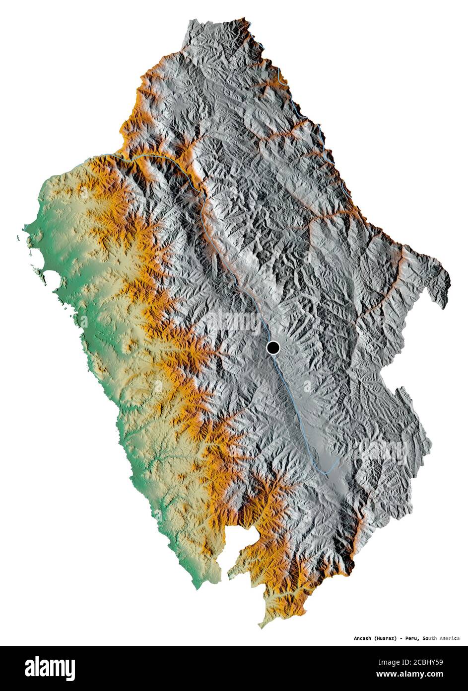 Shape of Ancash, region of Peru, with its capital isolated on white ...