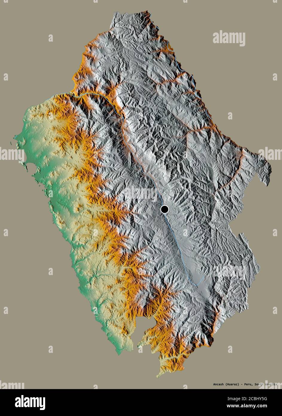 Shape of Ancash, region of Peru, with its capital isolated on a solid ...