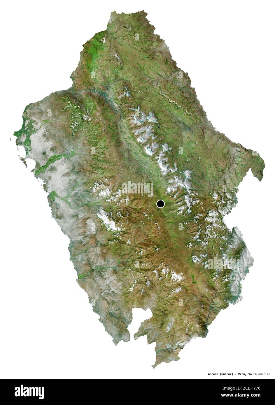Shape of Ancash, region of Peru, with its capital isolated on white ...