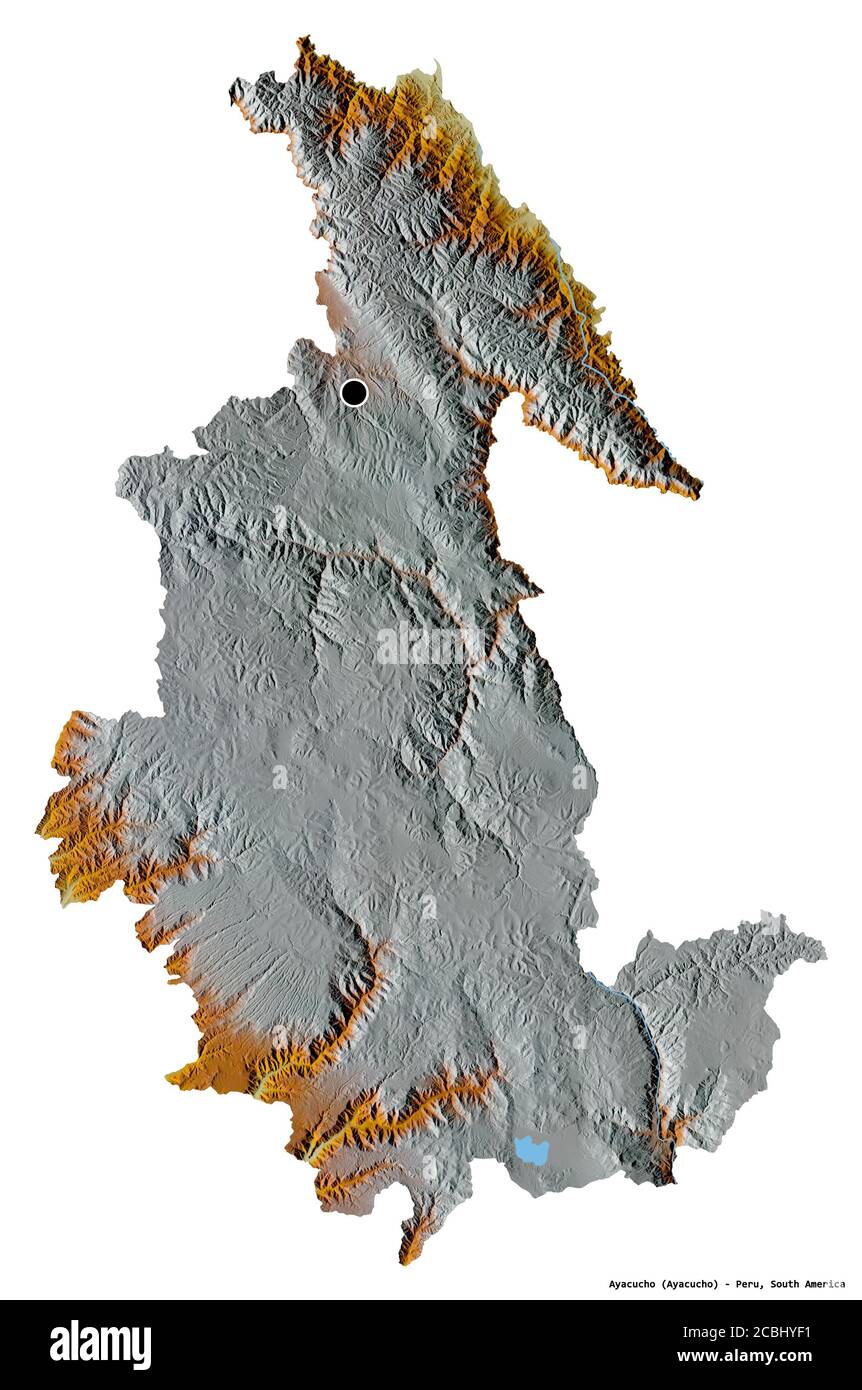 Shape of Ayacucho, region of Peru, with its capital isolated on white ...