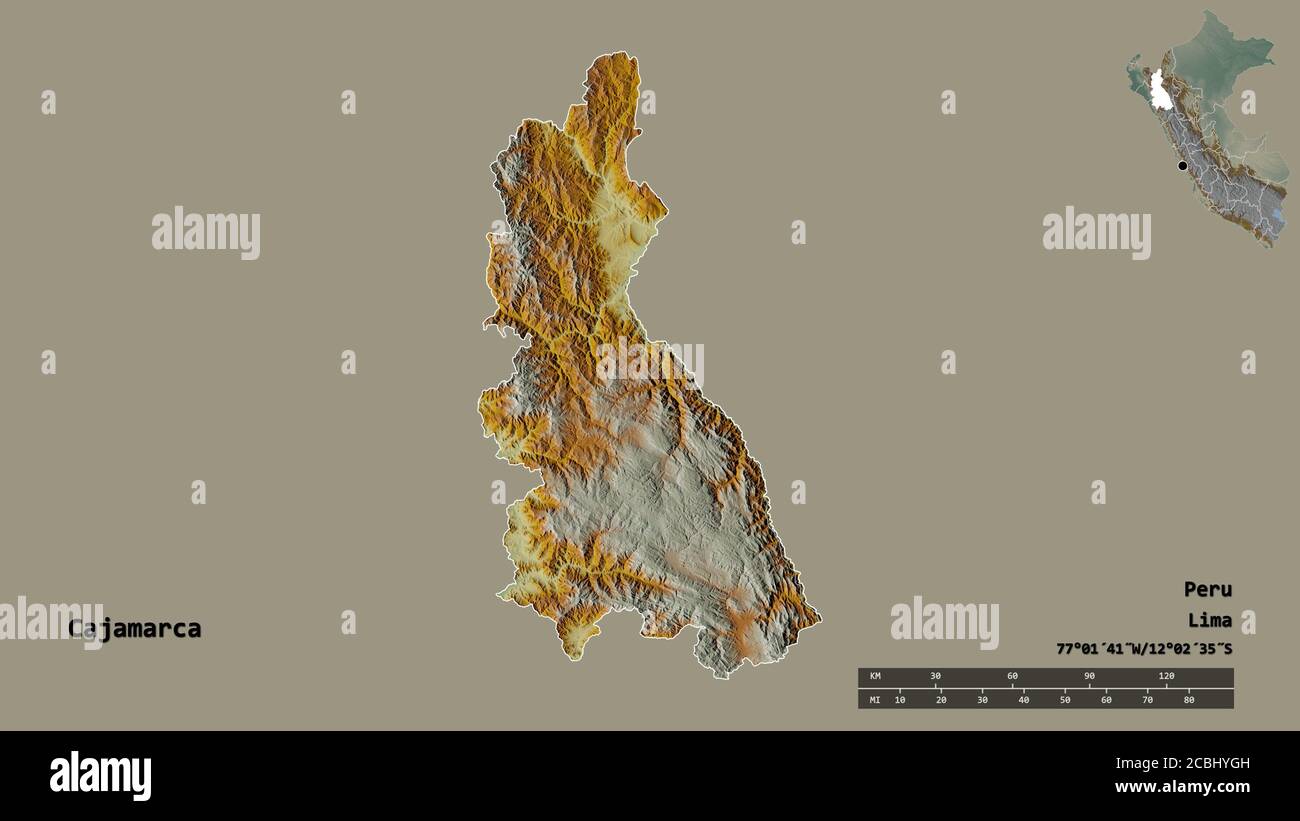 Shape of Cajamarca, region of Peru, with its capital isolated on solid ...