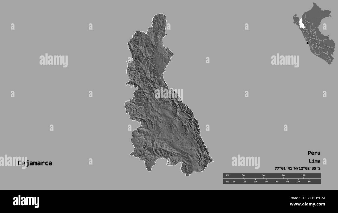 Shape of Cajamarca, region of Peru, with its capital isolated on solid ...