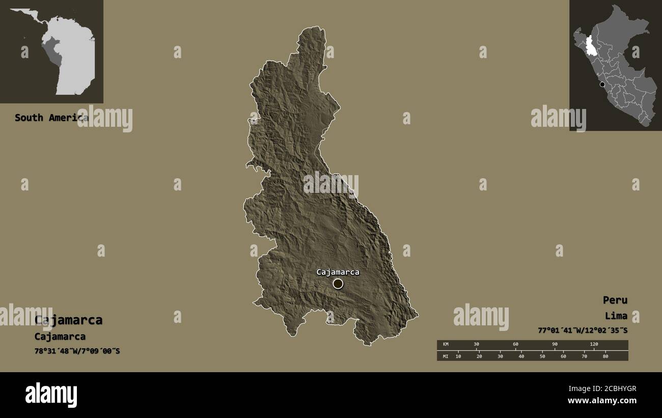 Shape of Cajamarca, region of Peru, and its capital. Distance scale ...