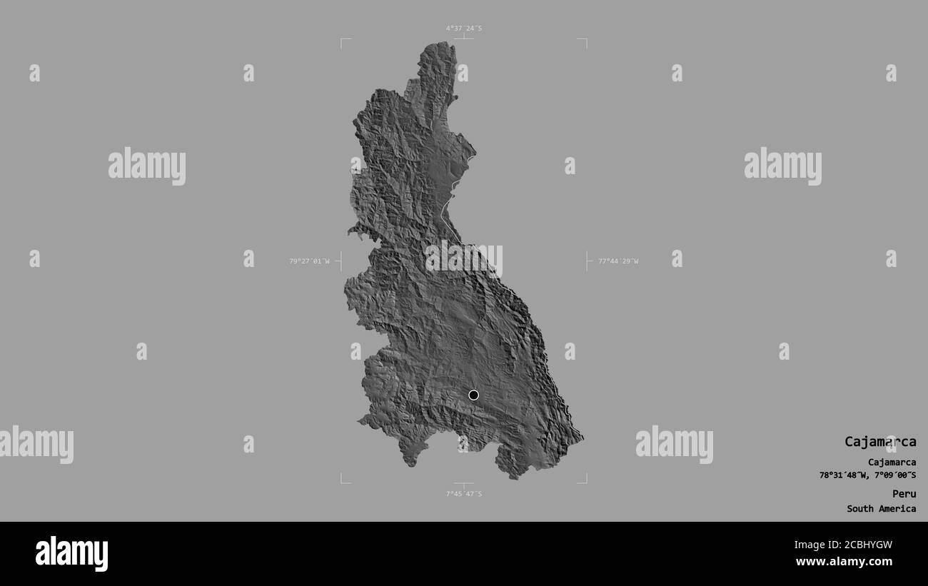 Area of Cajamarca, region of Peru, isolated on a solid background in a ...